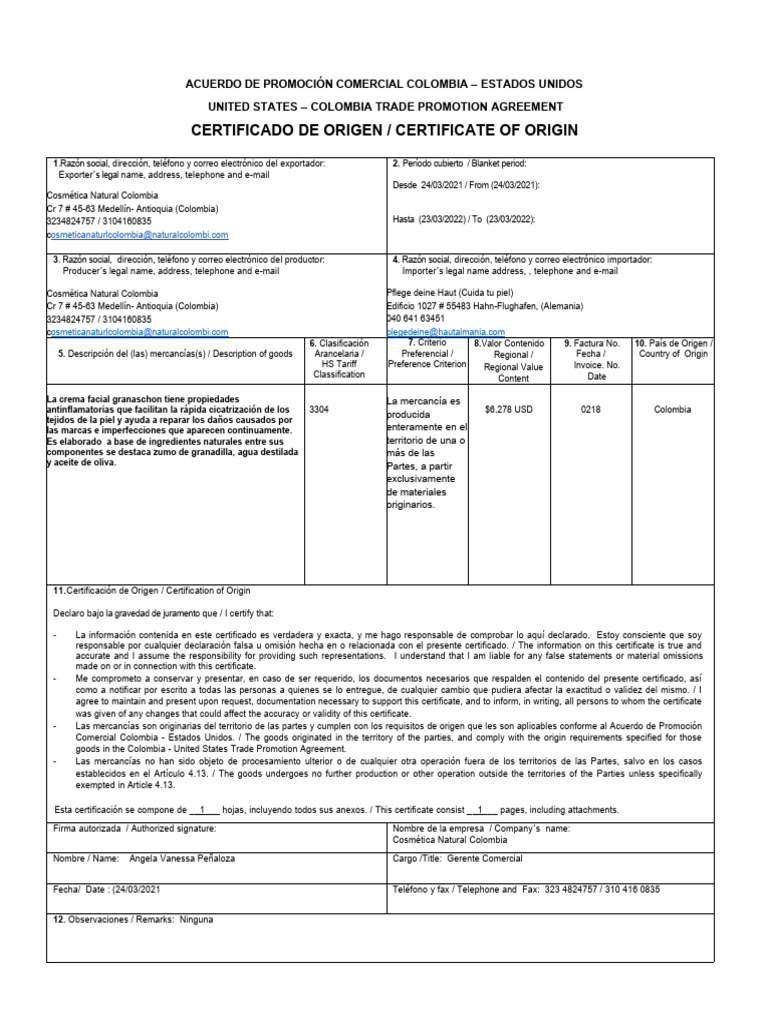 Certificado de Origen | PDF
