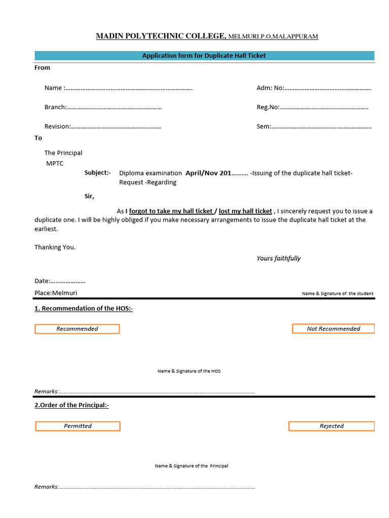 Application Form For Duplicate Hall Ticket | PDF