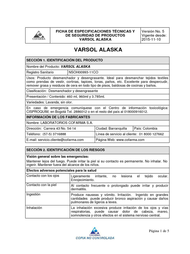 MSDS Varsol Alaska V5 | PDF | Agua | Combustión
