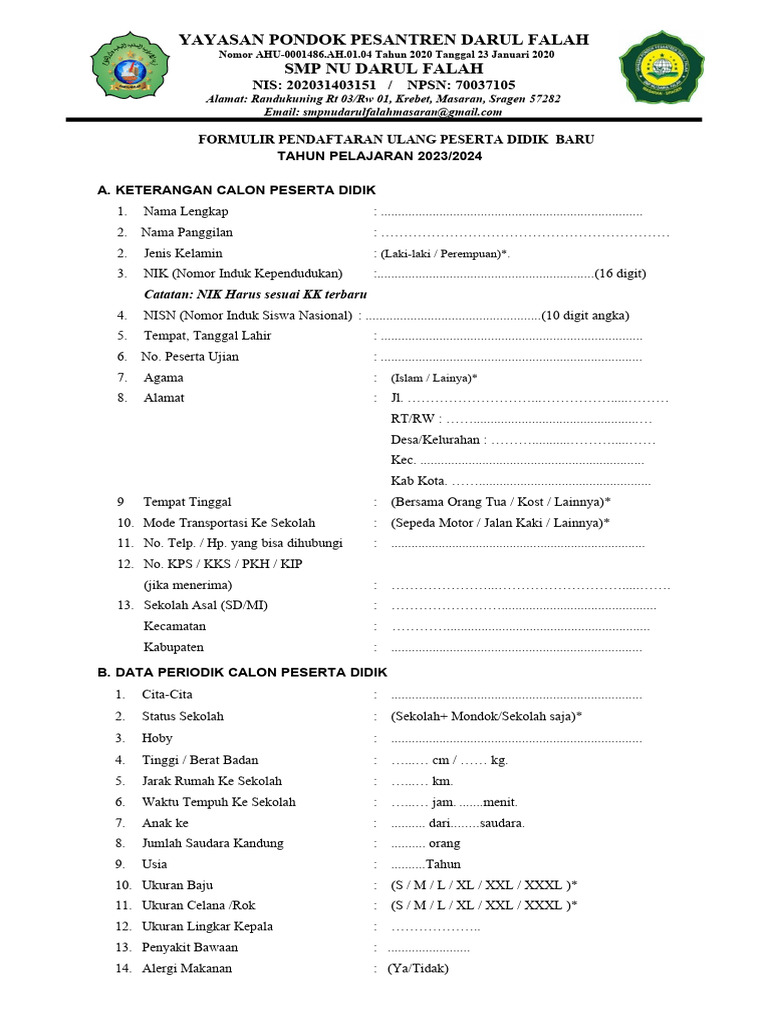 Formulir Daftar Ulang 2023-2024 | PDF | Karier & Perkembangan | Olahraga & Rekreasi