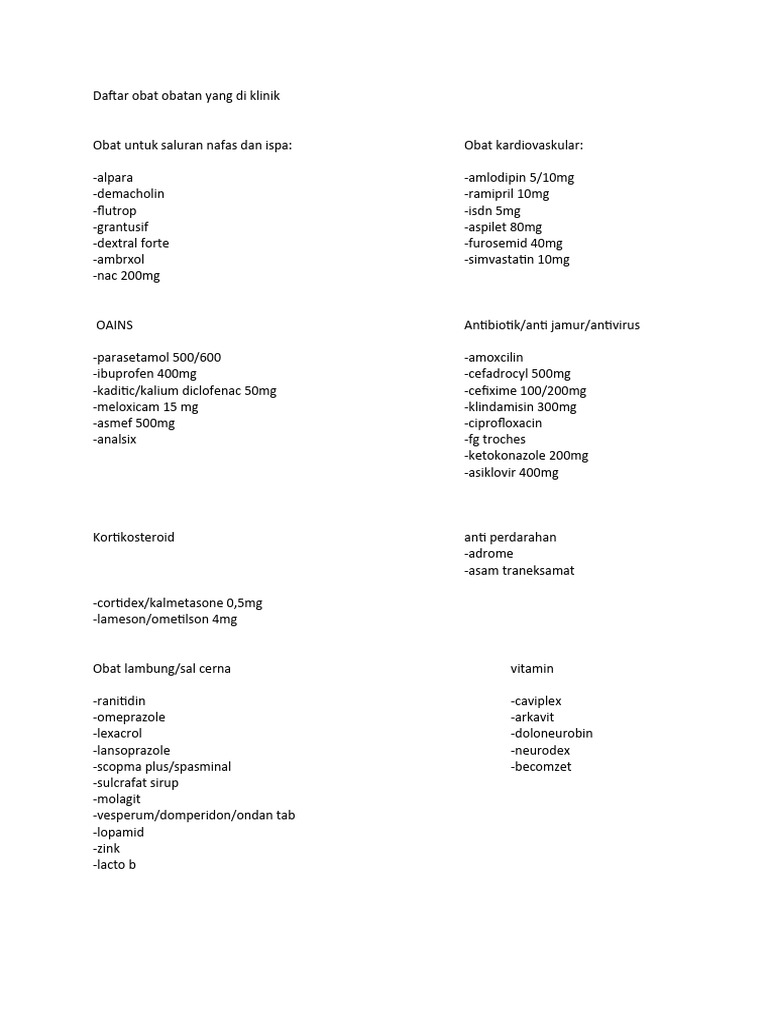 Daftar Obat Obatan Yang Di Klinik | PDF