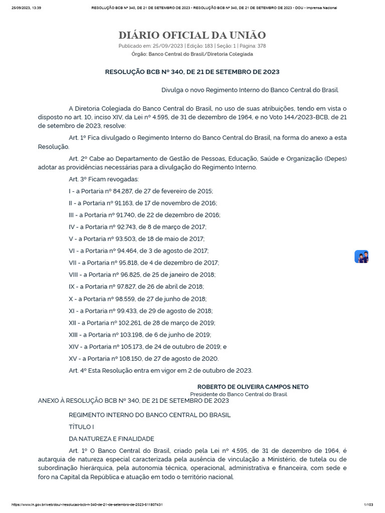 RESOLUÇÃO BCB #340, DE 21 DE SETEMBRO DE 2023 - RESOLUÇÃO BCB #340, DE ...