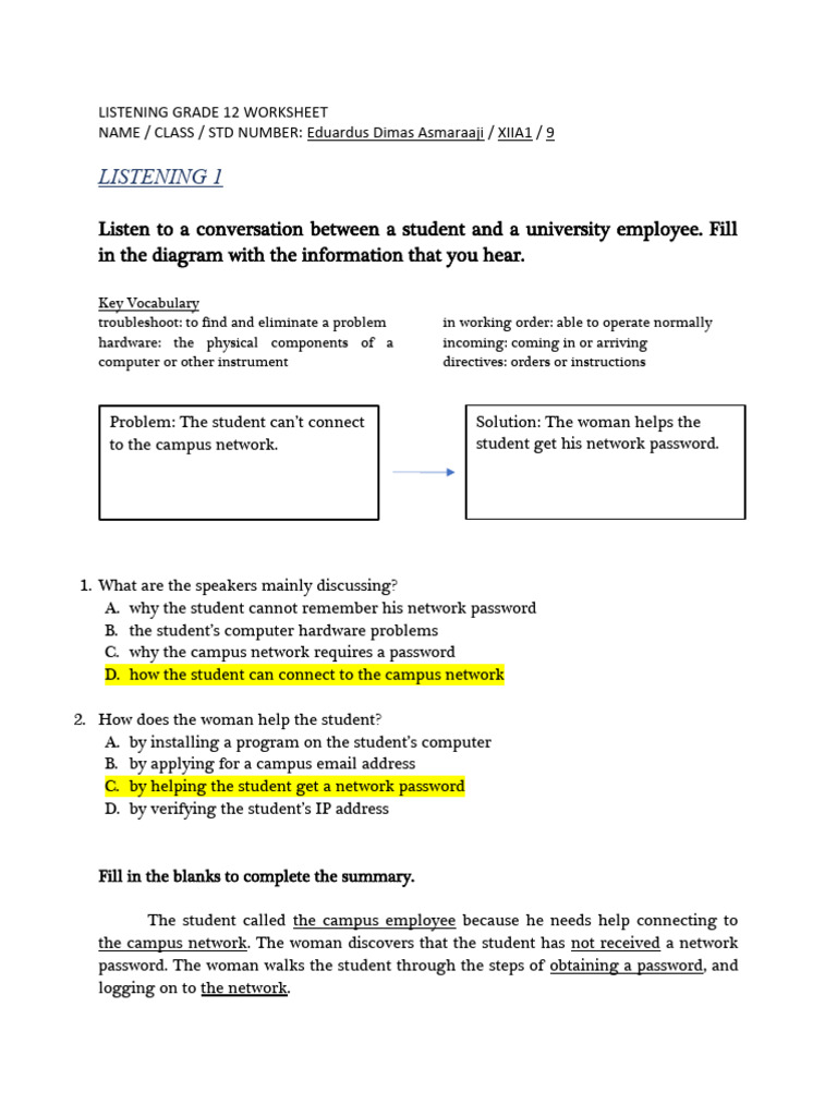 Listening Grade 12 Worksheet Pdf Password Computing