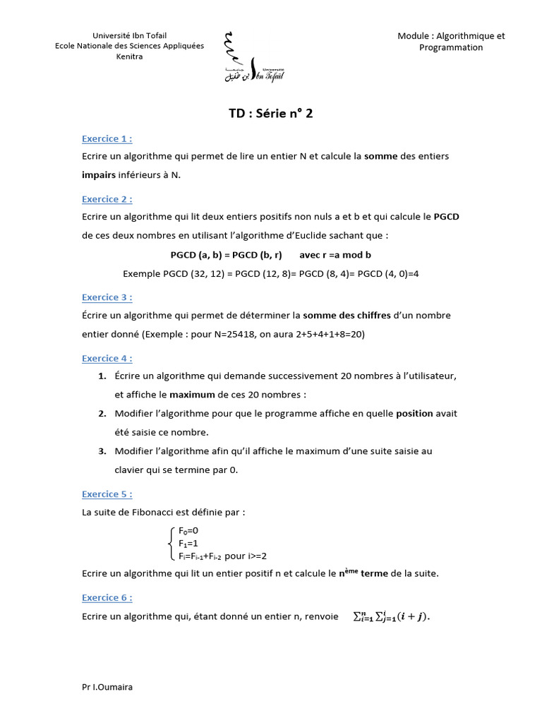 Exercices d'Algorithmique et Programmation | PDF