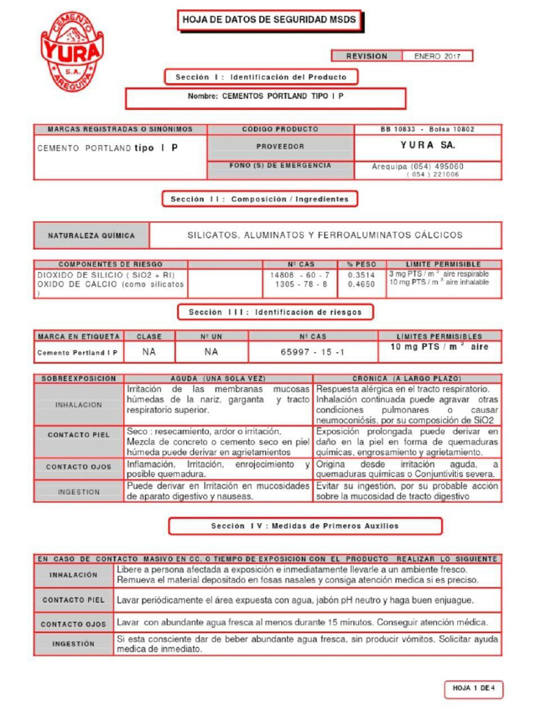 Hoja de Datos de Seguridad Msds - YURA CEMENTO | PDF