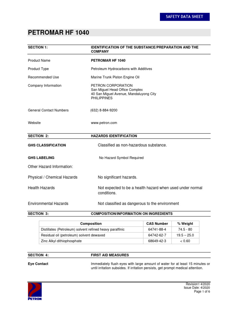 SDS Petromar HF 1040 | Download Free PDF | Toxicity | Hazards