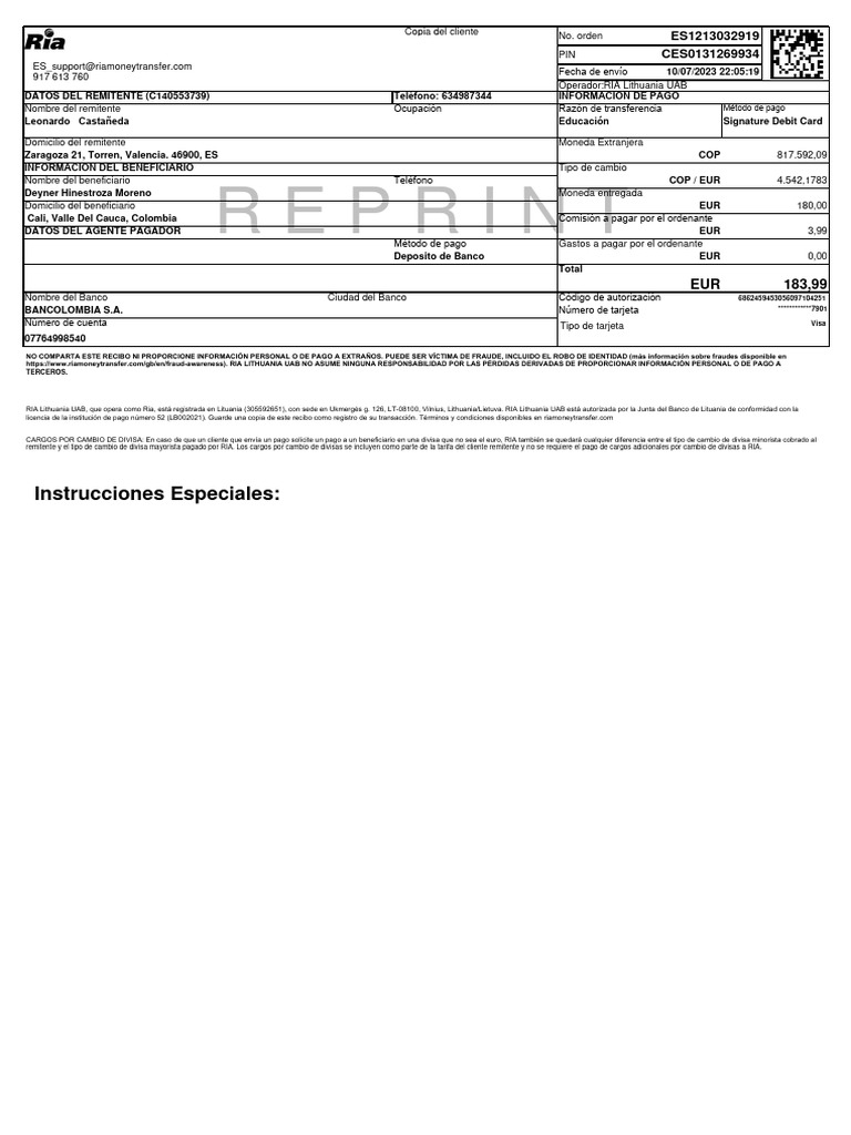 Ria Order Receipt ES1213032919 | PDF | Moneda | Bancos