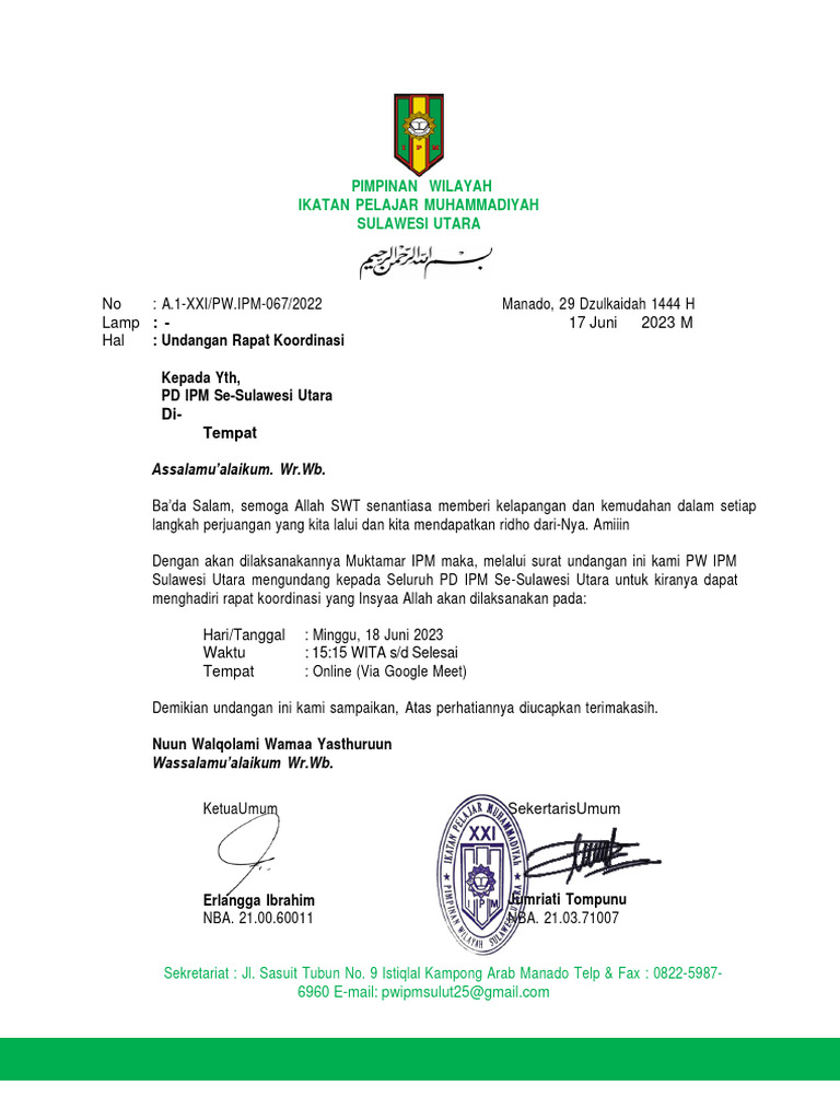 Undangan Rapat Koordinasi IPM Sulut | PDF