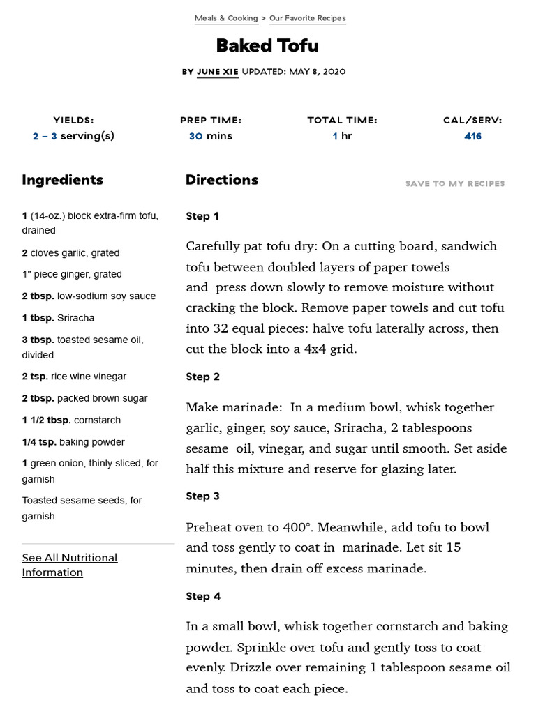 Best Baked Tofu Recipe - How To Make Baked Tofu | PDF