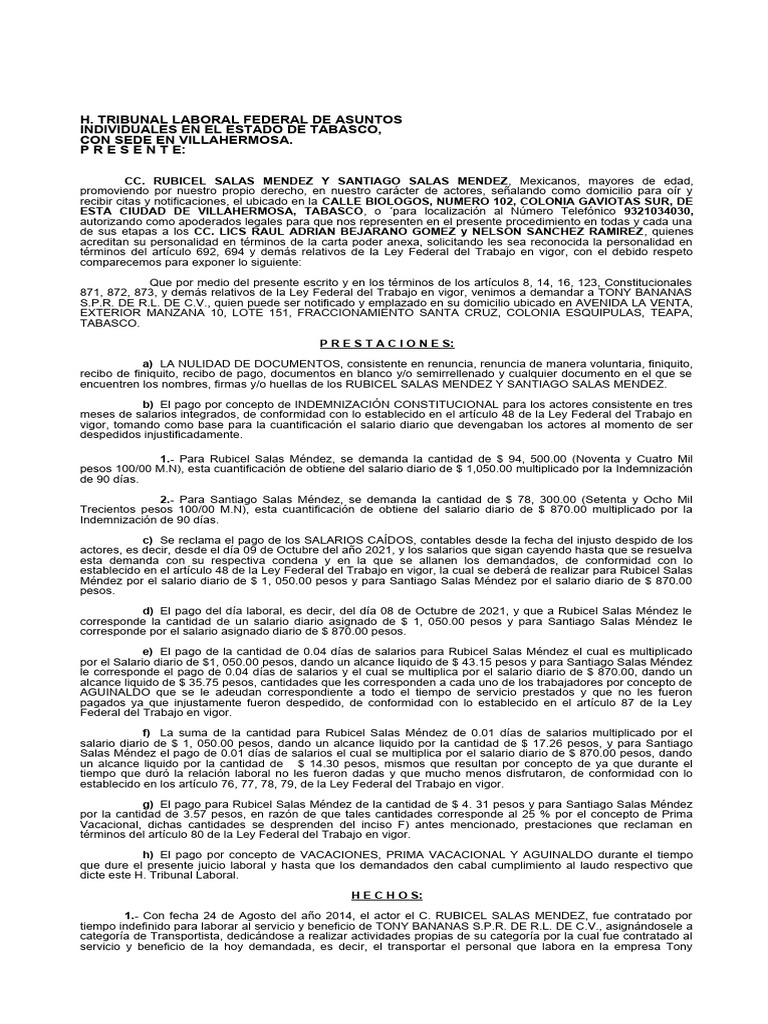 Demanda Contra Tony Bananas Segundo Despido | PDF