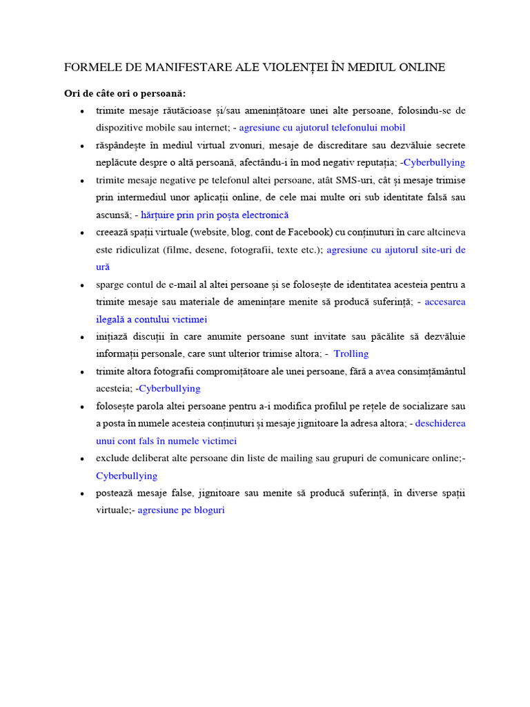 FORMELE DE MANIFESTARE ALE VIOLENȚEI ÎN MEDIUL ONLINE | PDF