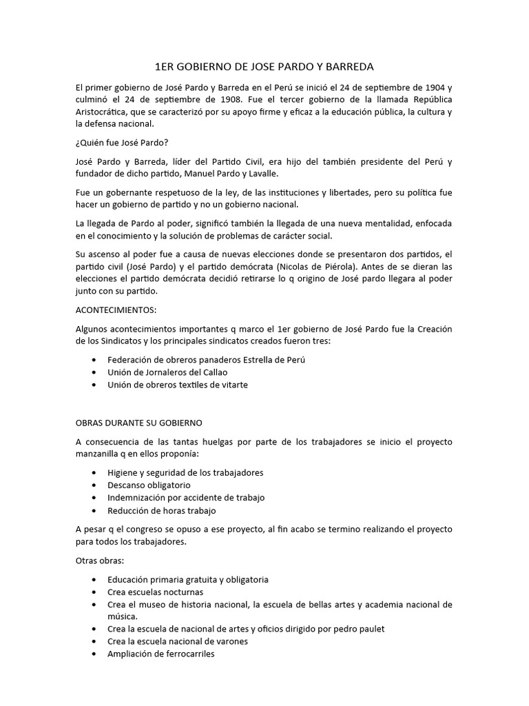 Primer Gobierno de José Pardo y Barreda | PDF | Ciencias sociales