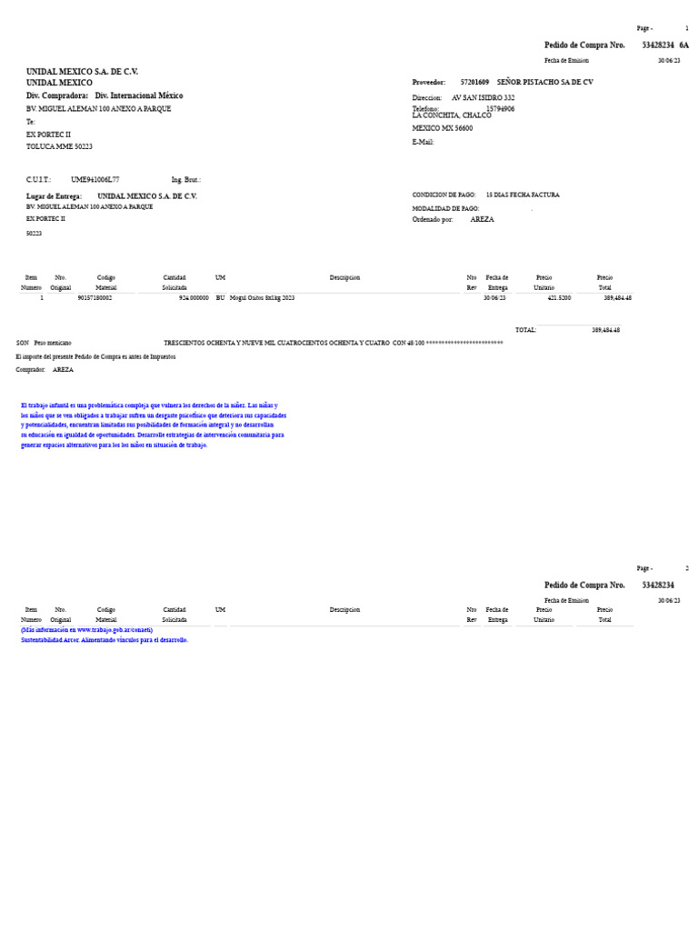 Pedido de Compra UNIDAL México 53428234 | PDF