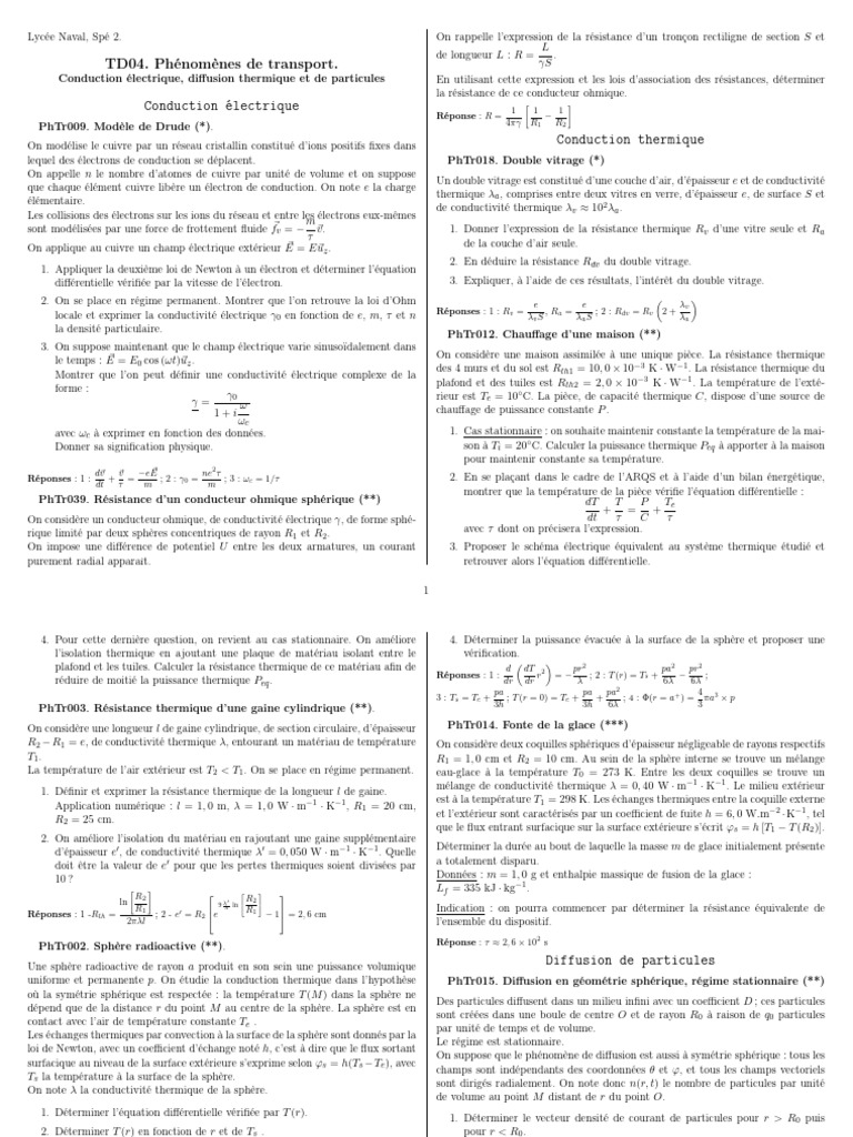 Phenomenes de Transport TD Enonce | PDF | Résistance (électricité) | Électron