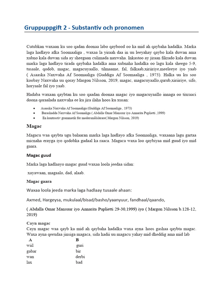 SOL130 - Gruppuppgift 2 - Substantiv Och Pronomen | PDF