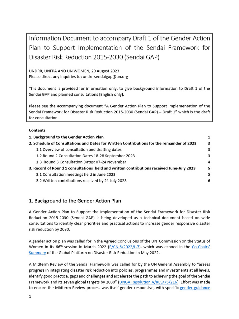 Sendai Framework Gender Action Plan - Draft 1 - Information Document ...