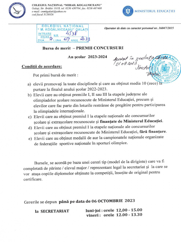 Conditii Acordare Si Cerere BURSA MERIT PREMII CONCURSURI | PDF