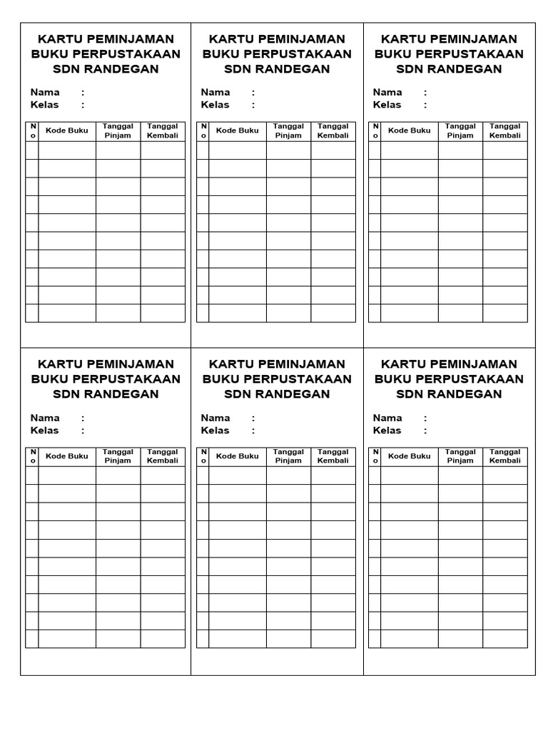 Kartu Peminjaman Buku Perpustakaan SD | PDF