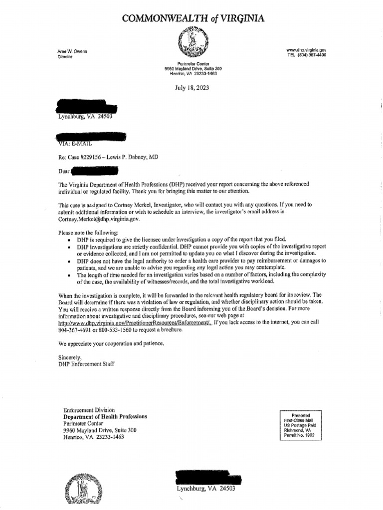 Verification of Official Case Against Dr. Dabney From The Virginia ...