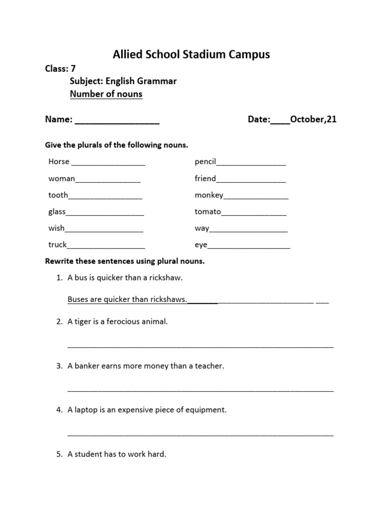 Noun Number Worksheet for Class 7 | PDF