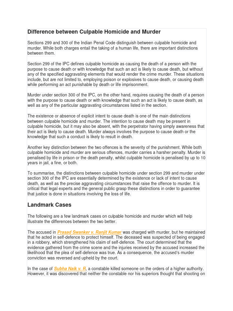 Difference Between Culpable Homicide and Murder | PDF | Murder | Crimes