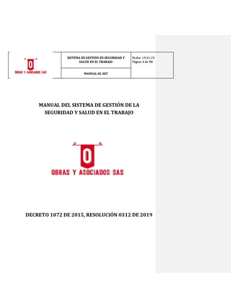 Manual Del Sistema de Gestión de La Segurida y Salud en El Trabajo Obras y Asociados Sas 4 | PDF