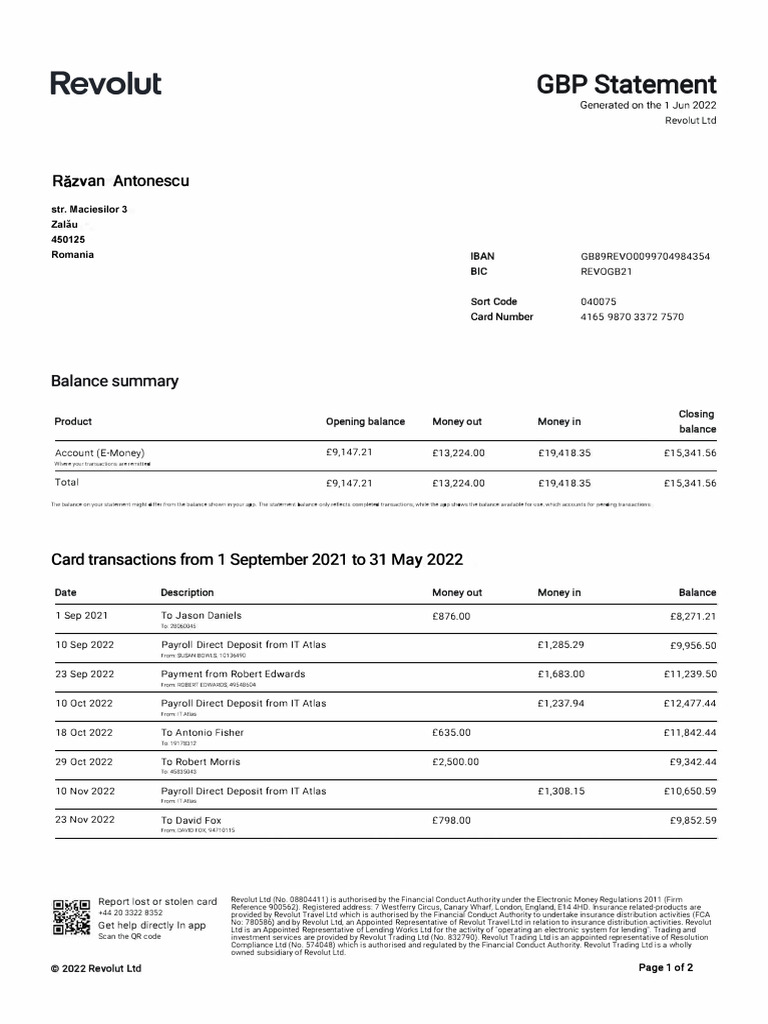 Revolut Account Statement Summary | PDF