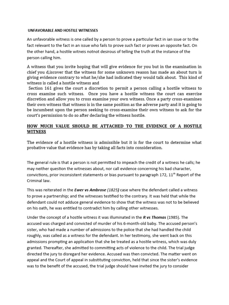 Unfavarouble and Hostile Witnesess | PDF | Witness | Criminal Procedure