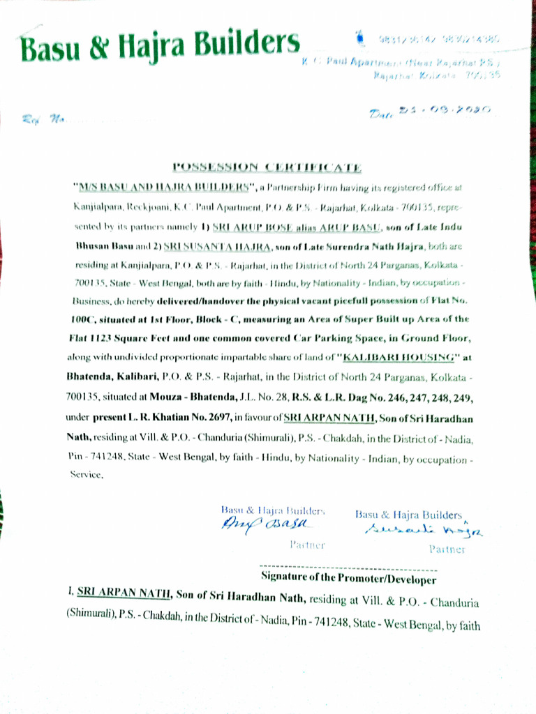 Possession Certificate for Flat No. 100C | PDF