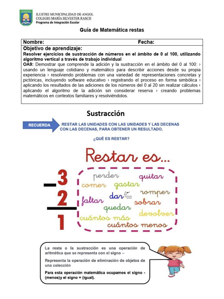 Guía de Restas para Niños de Primero | PDF | Métodos y materiales de ...