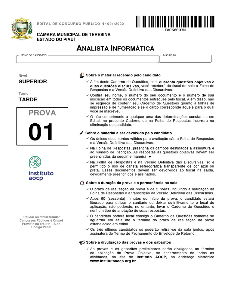 Instituto Aocp 2021 Camara de Teresina Pi Analista de Informatica Prova ...