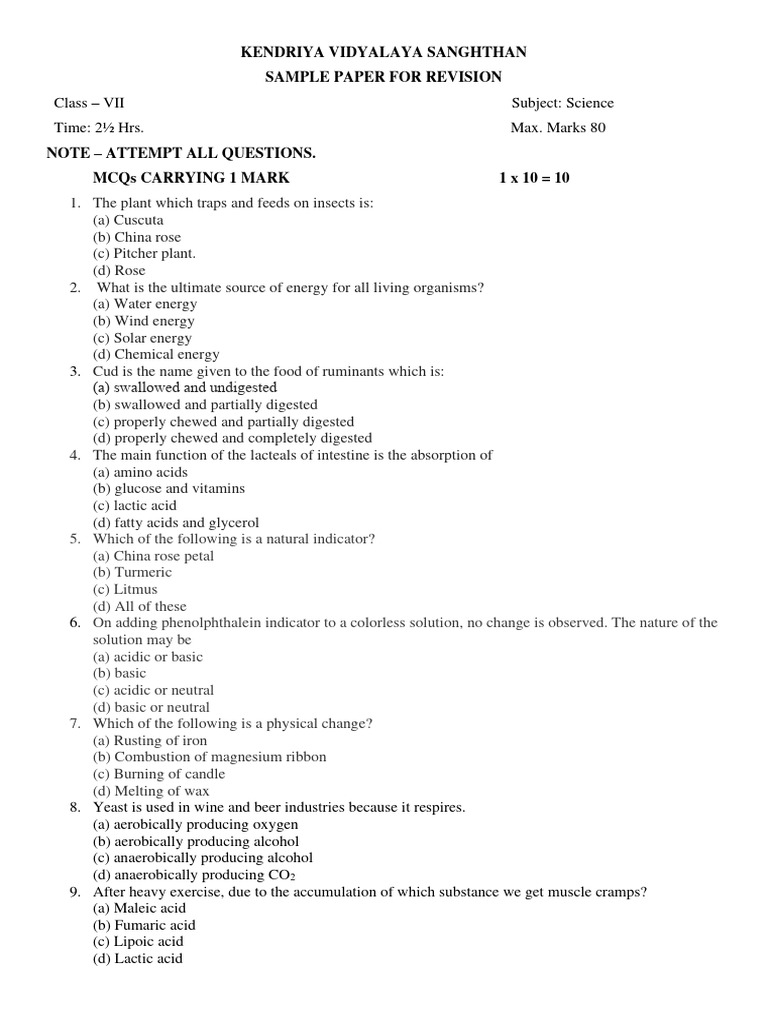 Class 7 Science Revision Sample Paper | PDF | Photosynthesis | Cellular ...
