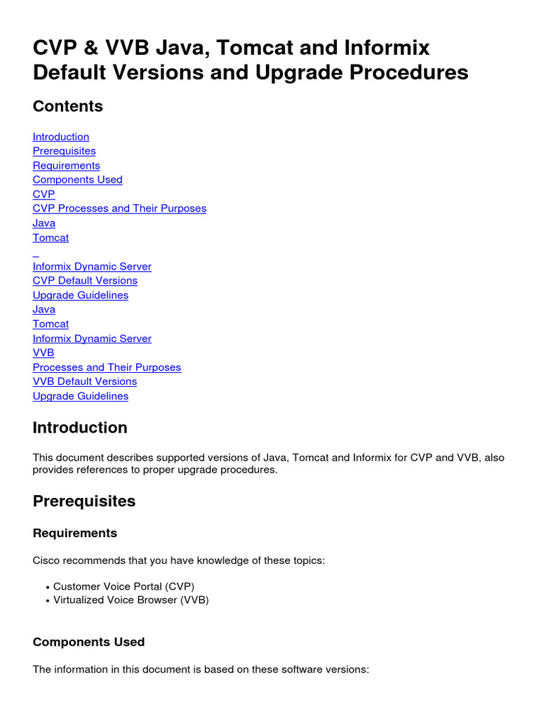Cvp Vvb Java Tomcat And Informix Default Versions And Upgrade Procedures Pdf Java