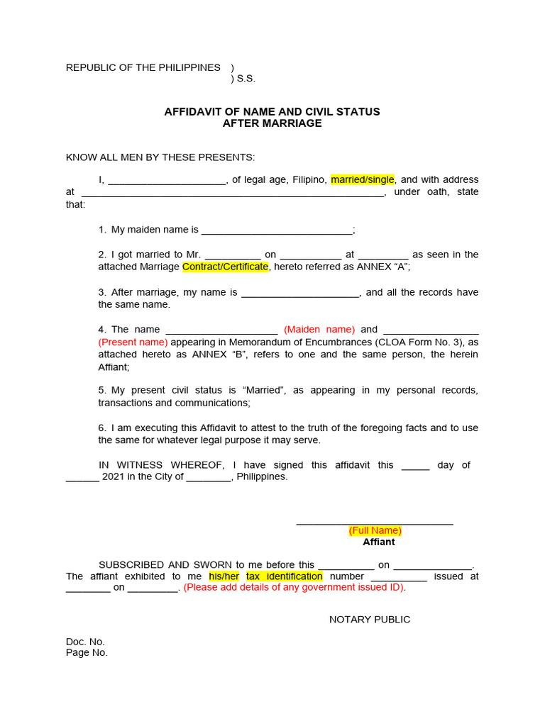 Affidavit of Name and Civil Status After Marriage (Wife) | PDF