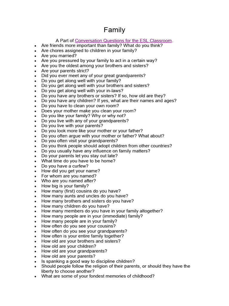 ESL Conversation Questions: Family Topics | PDF | Wellness