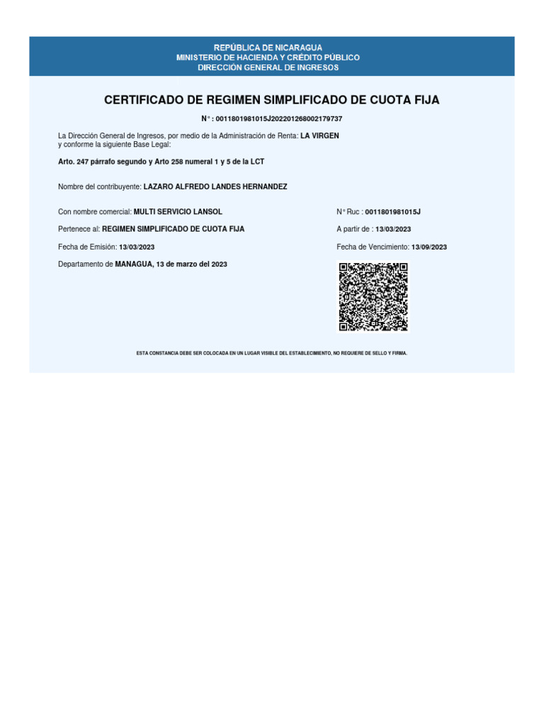 Certificado DGI RT0011801981015J | PDF