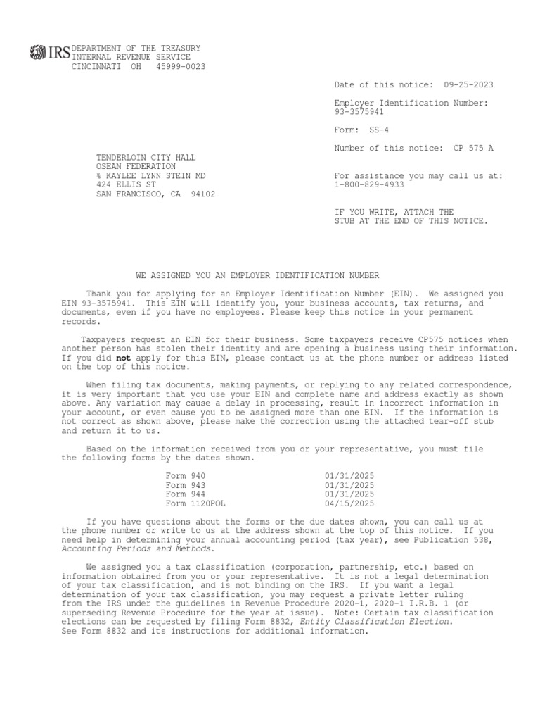 IRS EIN Assignment Notice CP 575 A | PDF | Finance & Money Management
