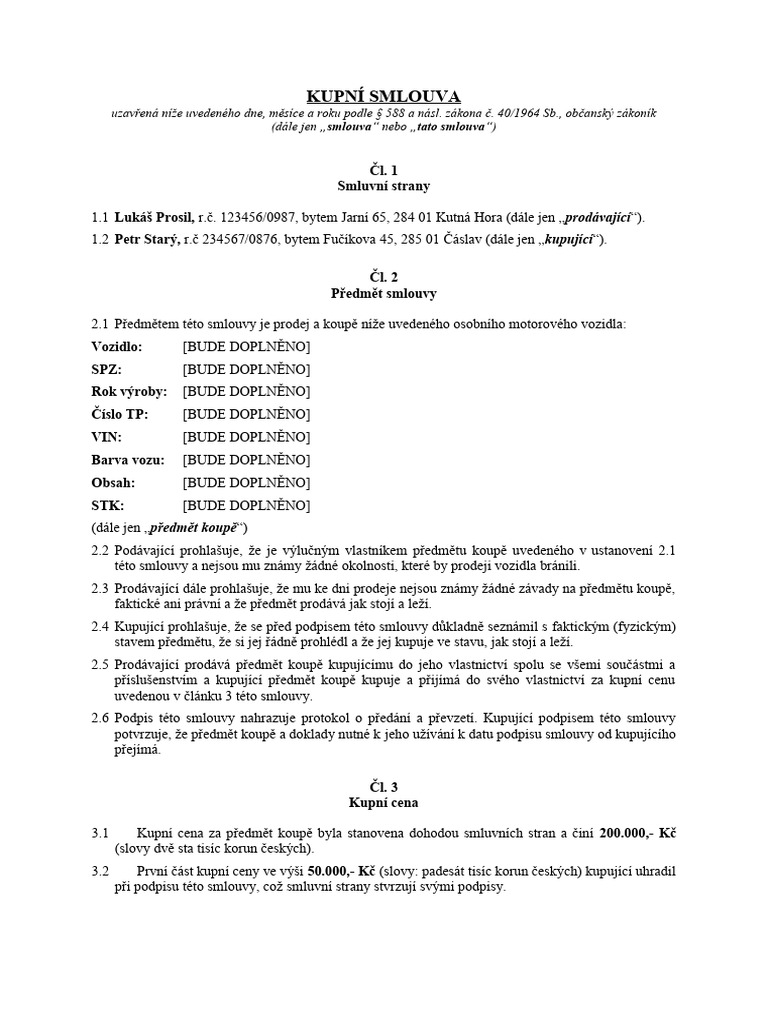 Kupni Smlouva Na Osobni Automobil | PDF