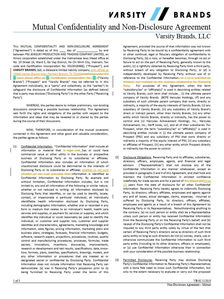 Herff Jones Varsity Brands PNJP - MNDA - FB 19.5.2022 | PDF