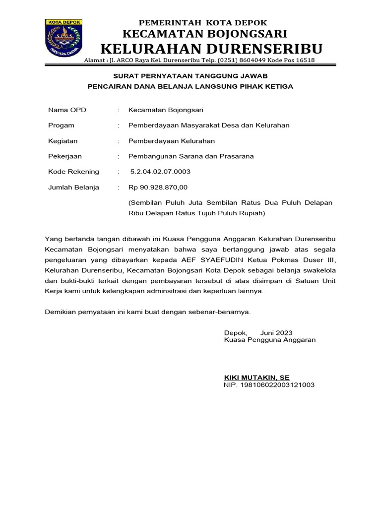 Surat Pernyataan Tanggung Jawab 2023 | PDF