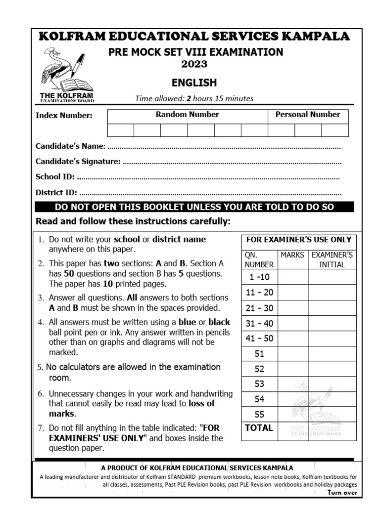 Kolfram Set 8 English Exams 2023 Ss | PDF