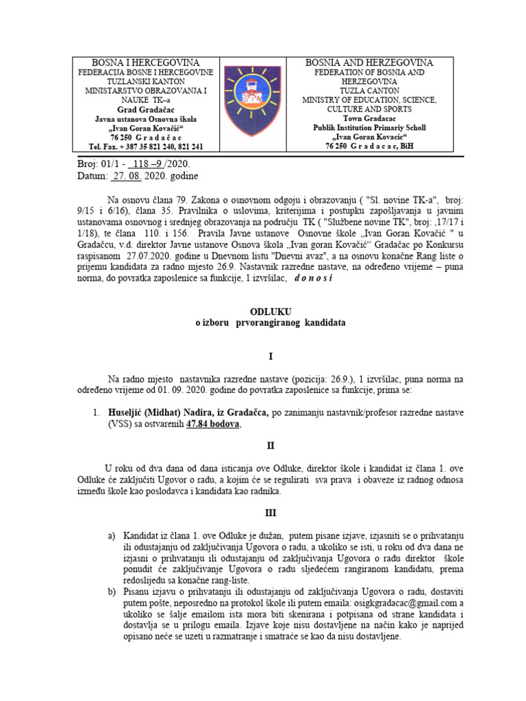 Odluka Prijem Razredna Nastava Funkcija | PDF