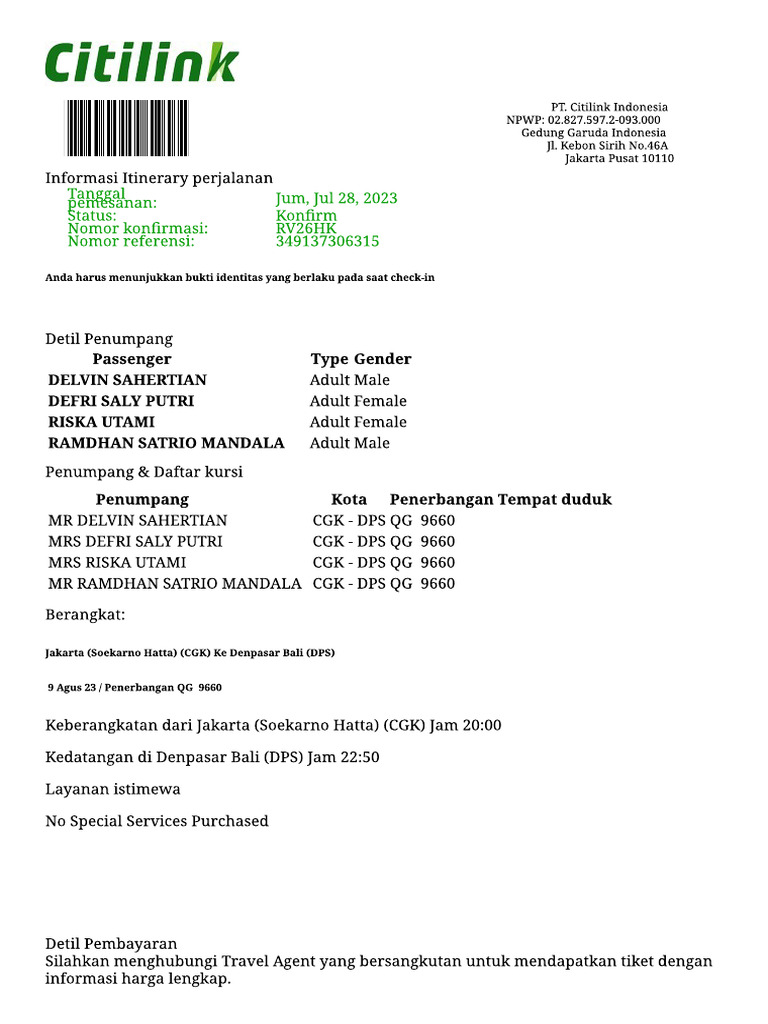 CGK - DPS 9 Agustus 4 Pax | PDF