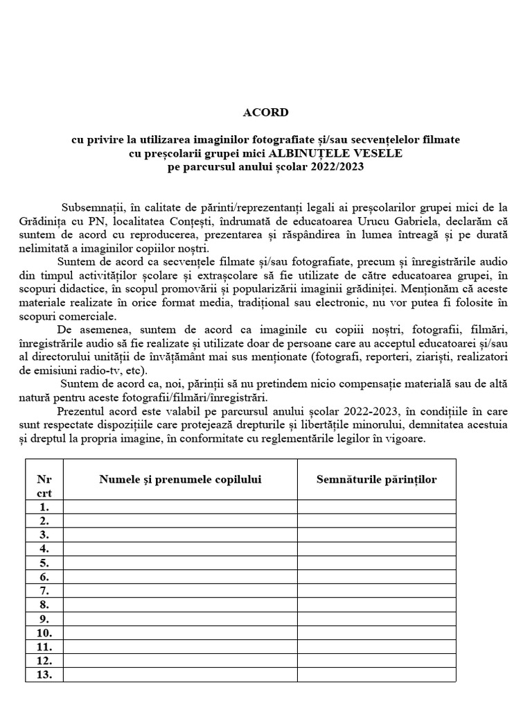 Acord Fotografiere Filmare | PDF
