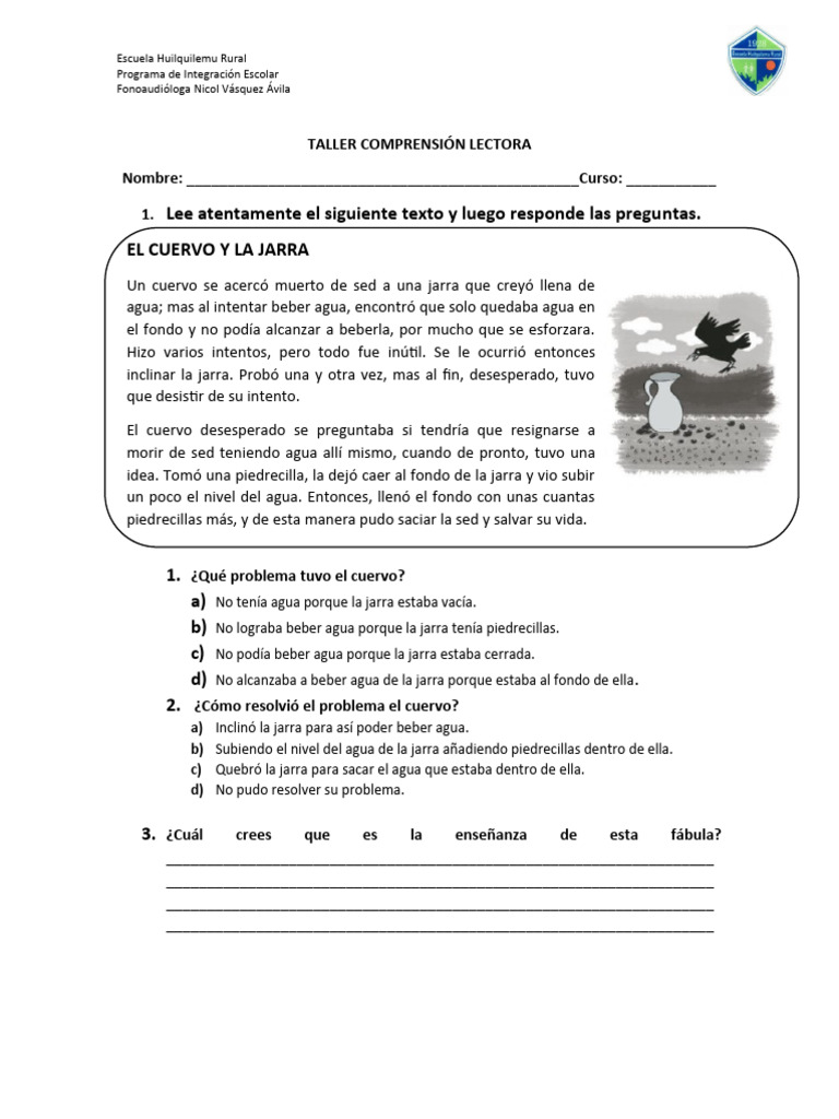 Comprensión Lectora: El Cuervo y la Jarra | PDF