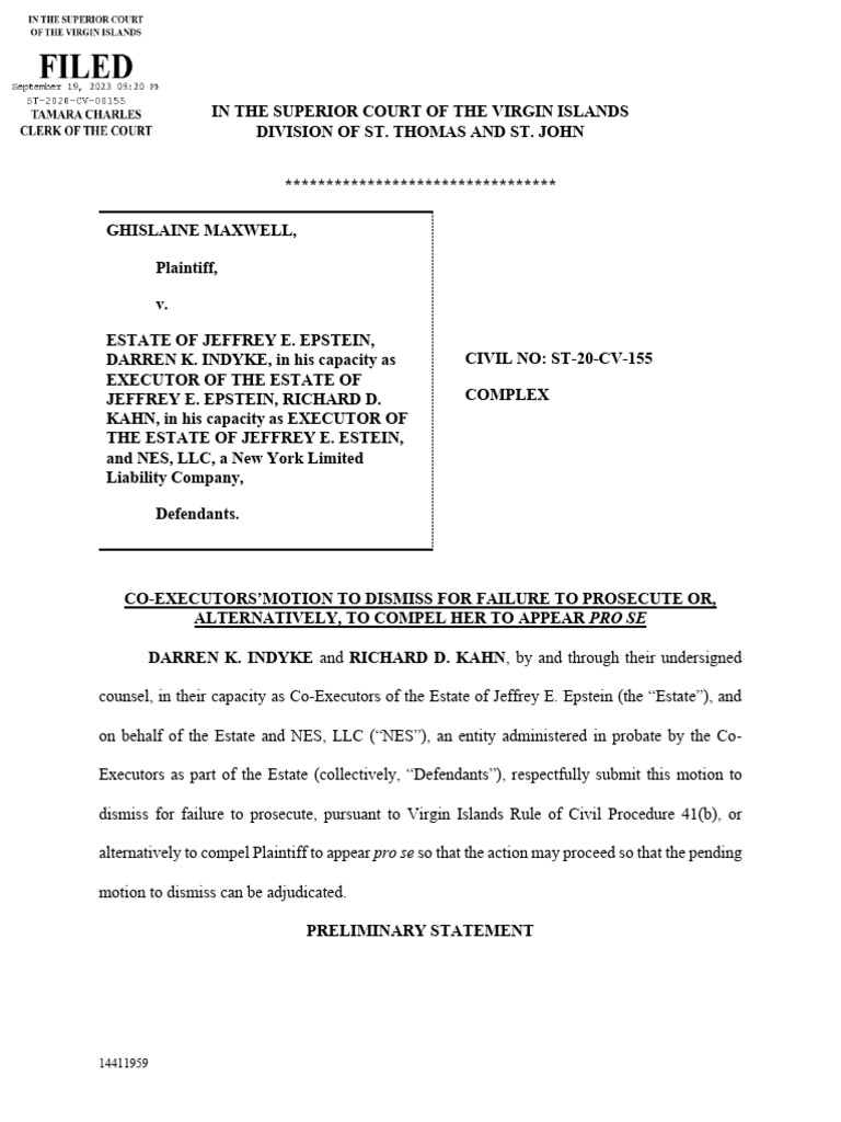 Co-Executors' Motion To Dismiss For Failure To Prosecute Or ...