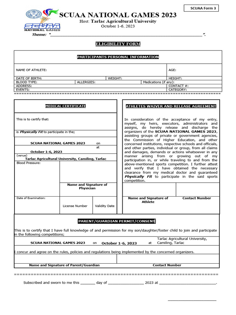 Athlete Entry Form for SCUAA 2023 | PDF