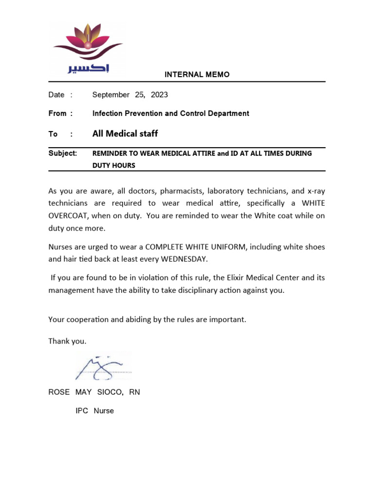 INTERNAL MEMO - Medical Staff's Uniform | PDF | Self-Improvement | Wellness