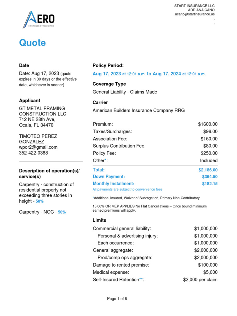 Construction Liability Insurance Quote | PDF | Liability Insurance ...