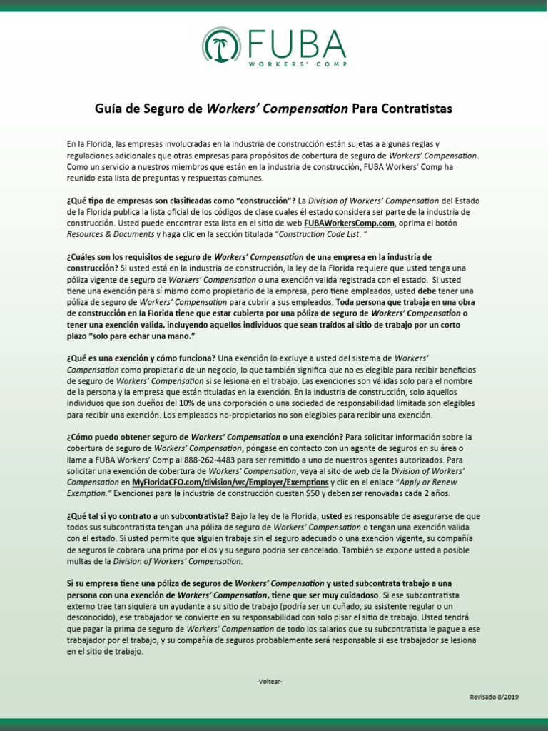 FUBA - Guía de Seguro de Workers' Compensation para Contratistas | PDF ...